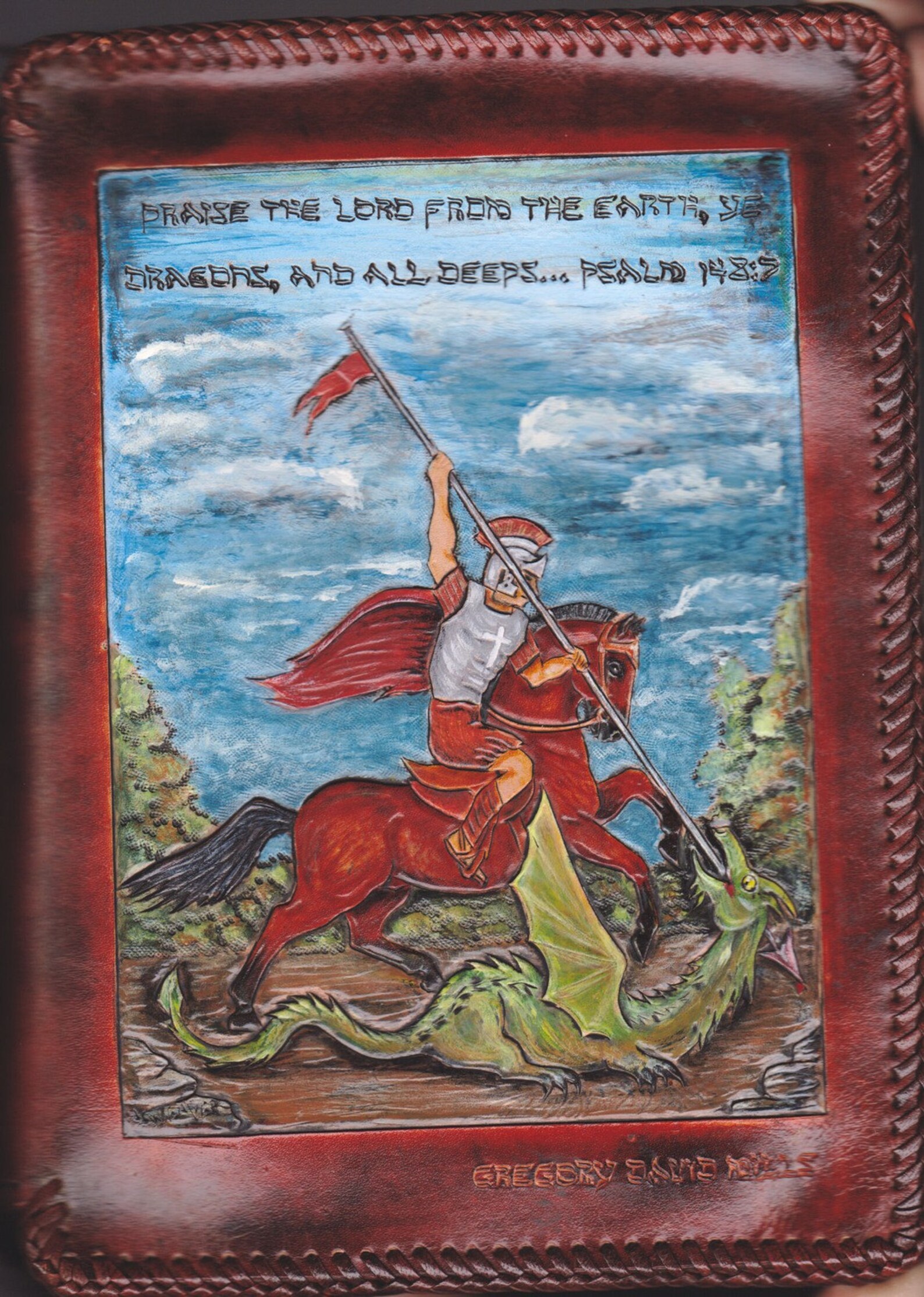 Handcarved Leather Bible Cover St Geoge Slays the Dragon | Etsy