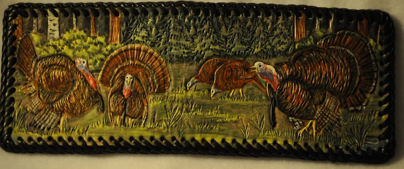 Wild Turkey Scene on Men's Hand Carved Leather Wallet - Etsy