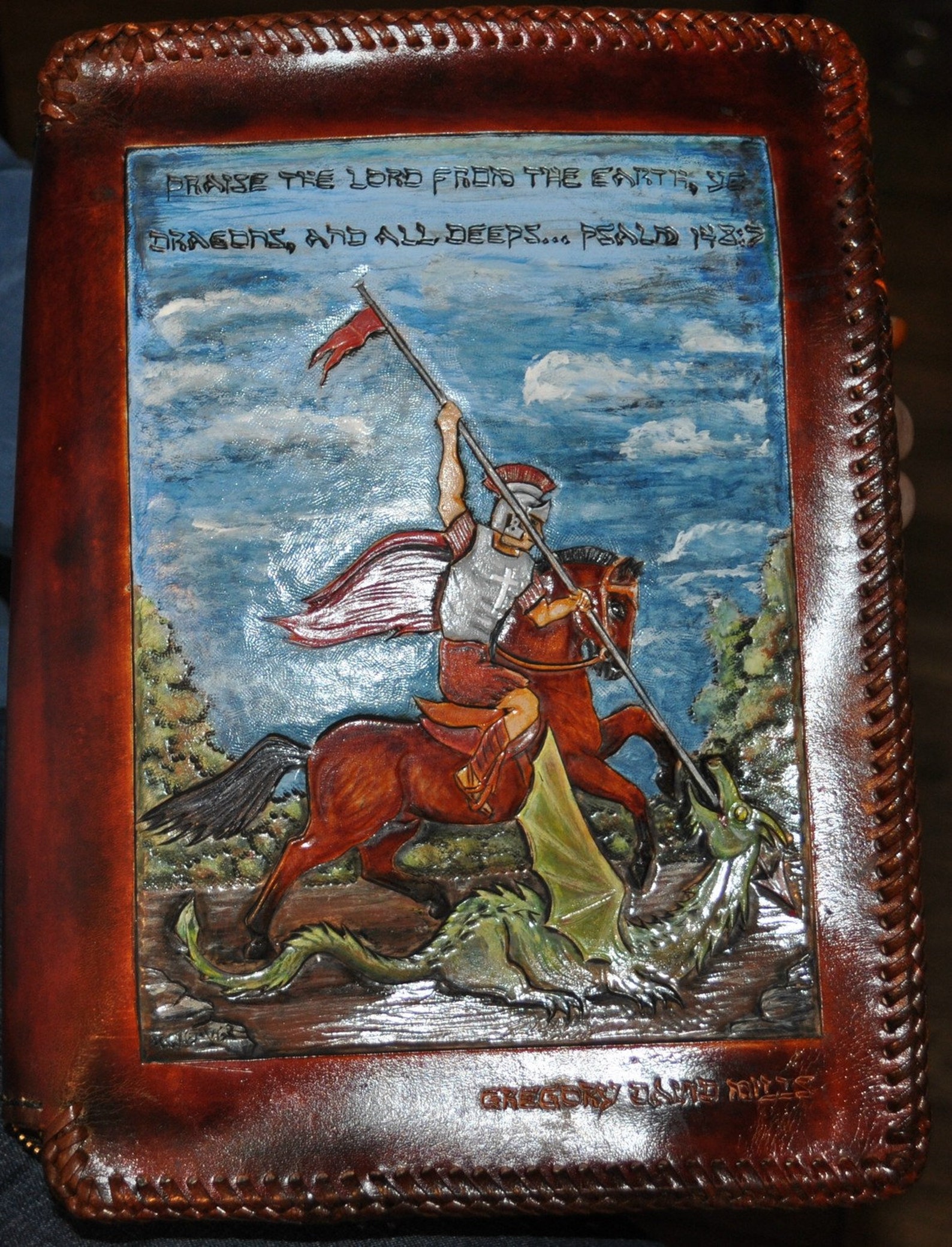 Handcarved Leather Bible Cover St Geoge Slays the Dragon | Etsy