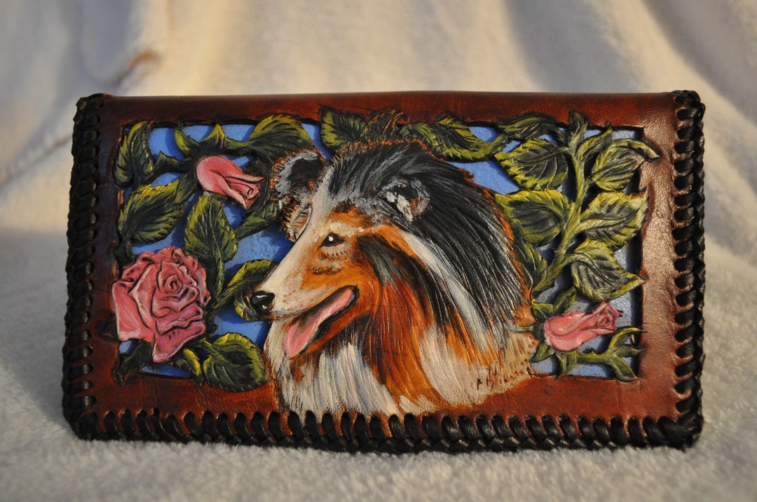 Hand Carved Leather Checkbook Cover Filigreed Flowers With Sheltie - Etsy