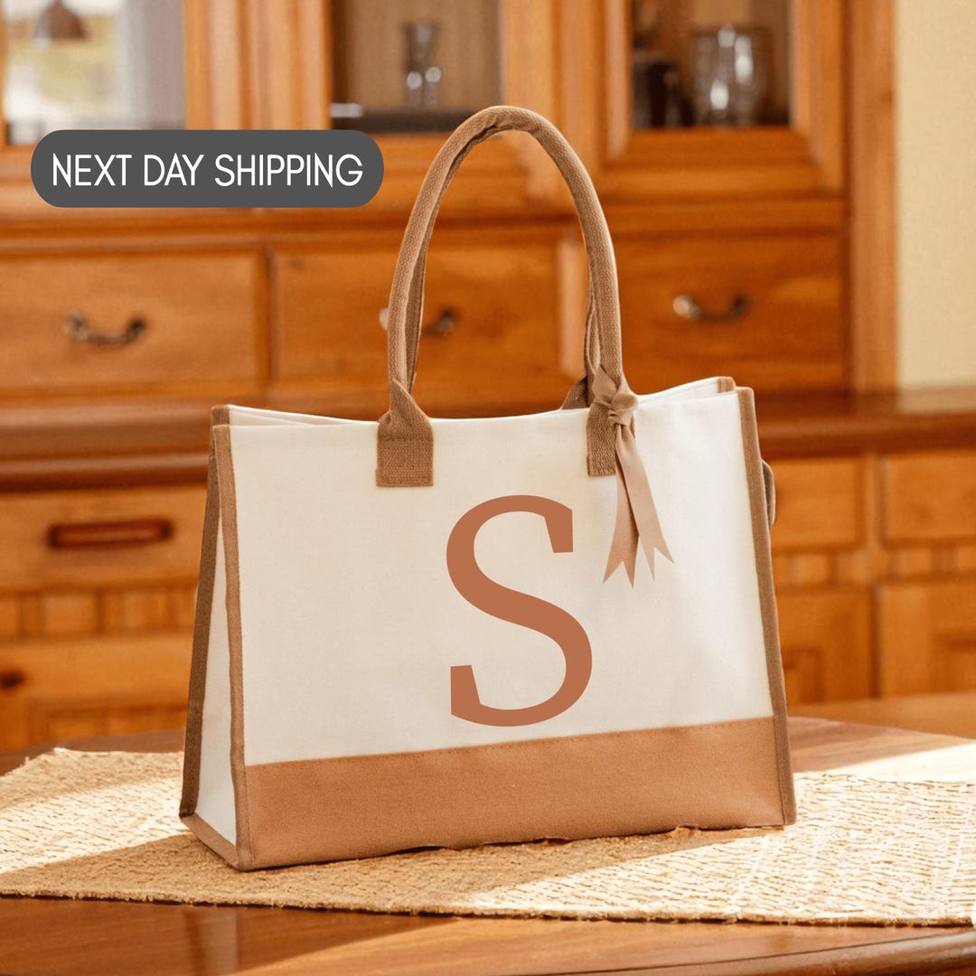 Personalized Initial Canvas Tote Bag, Monogrammed Everyday Bag, Elegant ...