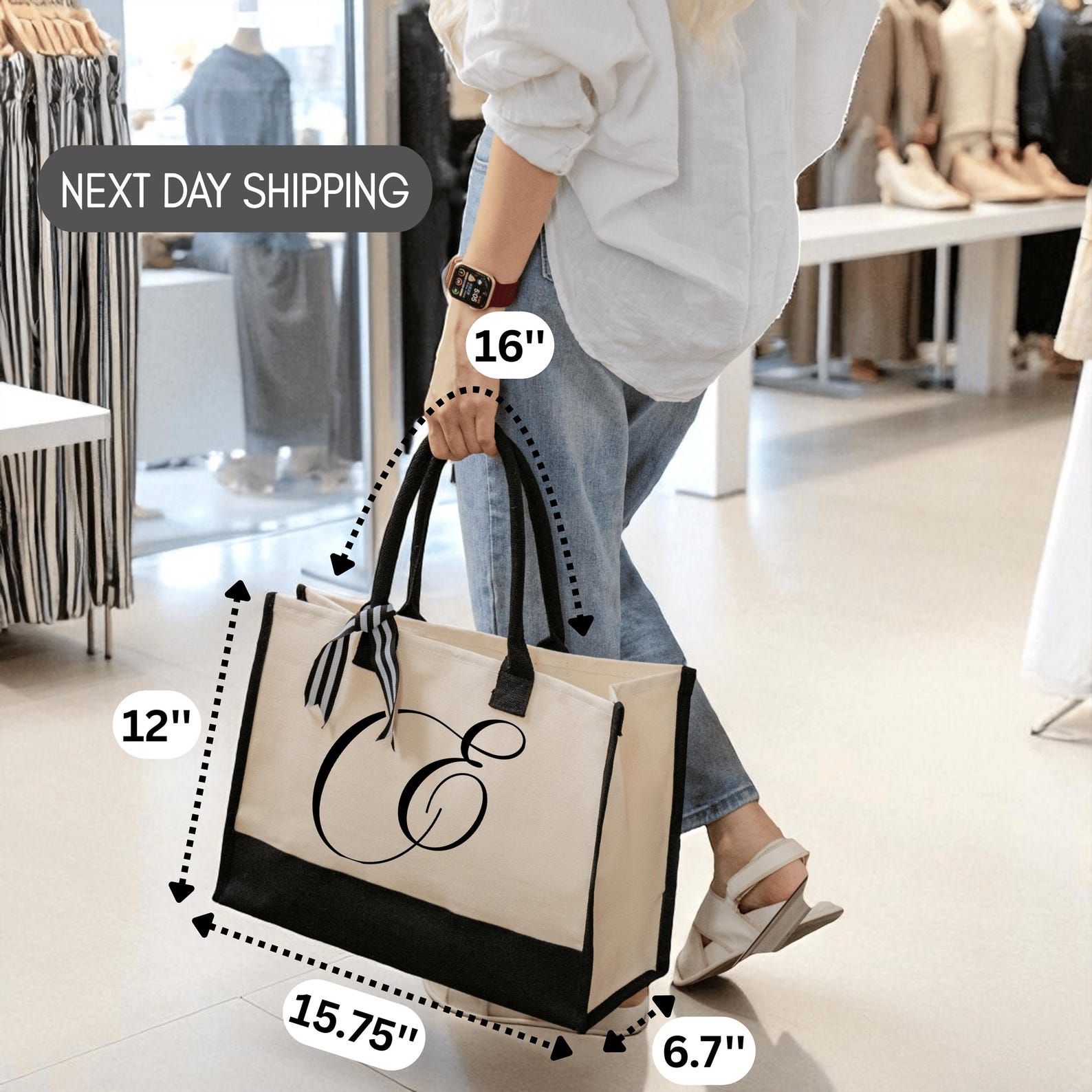 Personalized Initial Canvas Tote Bag, Monogrammed Everyday Bag, Elegant ...