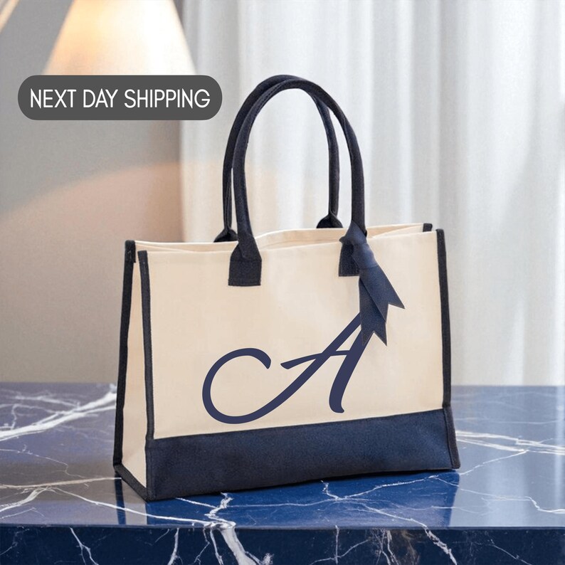 Personalized Initial Canvas Tote Bag, Monogrammed Everyday Bag, Elegant ...