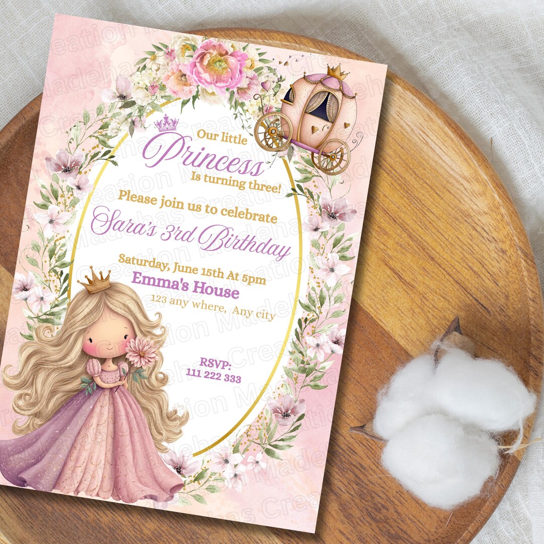 Princess Themed Birthday Invitation, Editable Canva Template, Girls ...