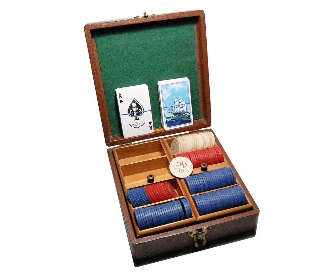 1940s Vintage Clay Poker Chips KEM Playing Cards Double Decks Lowes Box ...