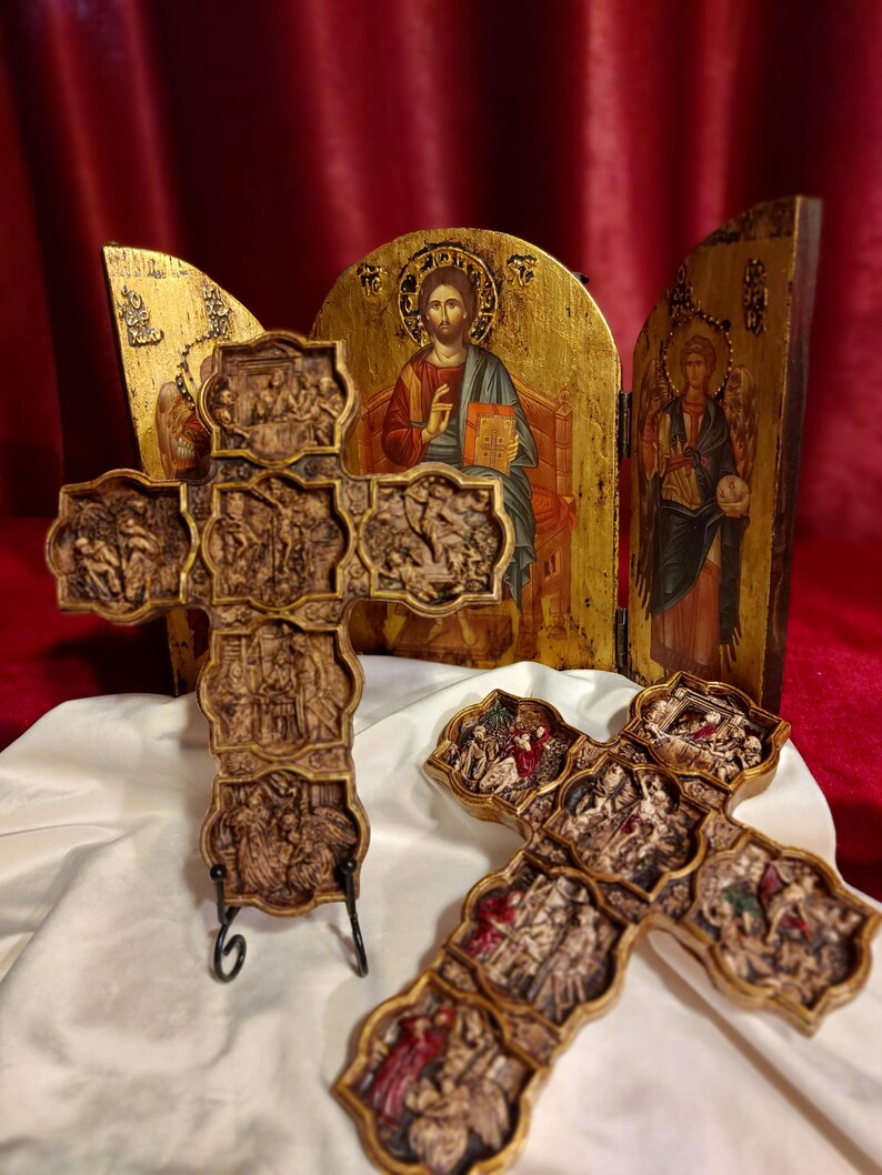 Hand-painted Byzantine Relief Cross for Prayer Corner or Home Altar ...