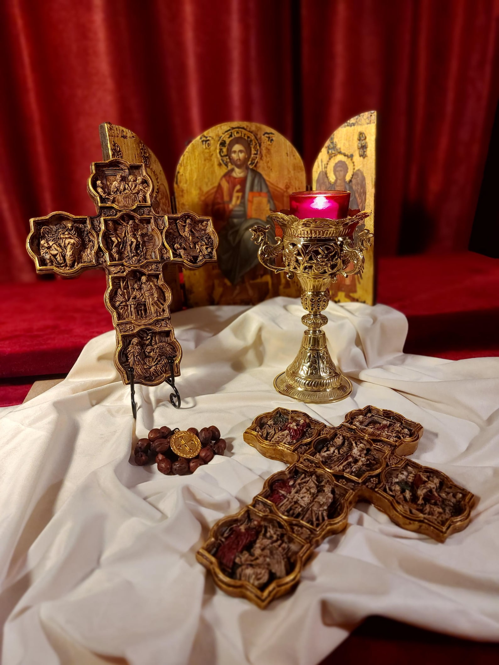 Hand-painted Byzantine Relief Cross for Prayer Corner or Home Altar ...