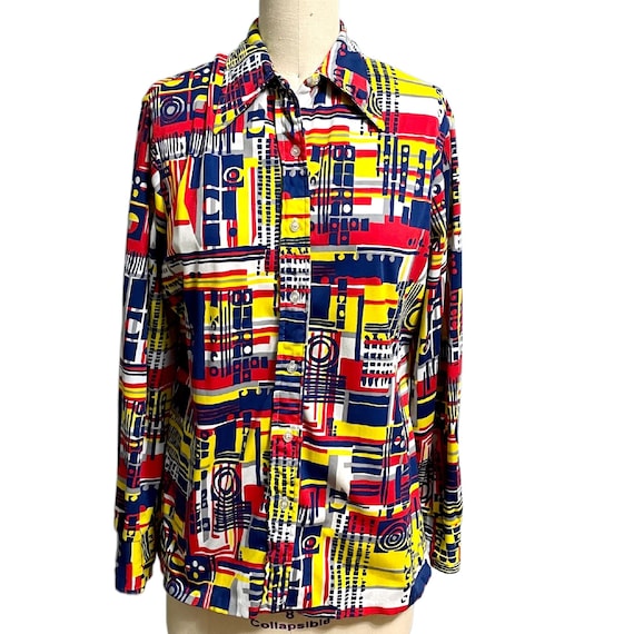 1970s geometric print polyester disco era shirt - siz… - Gem