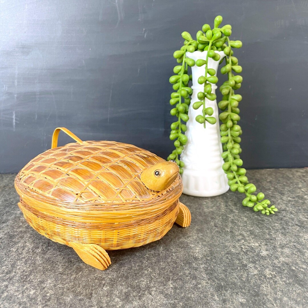 Rattan Turtle Basket With Lid 1970s Vintage - Etsy