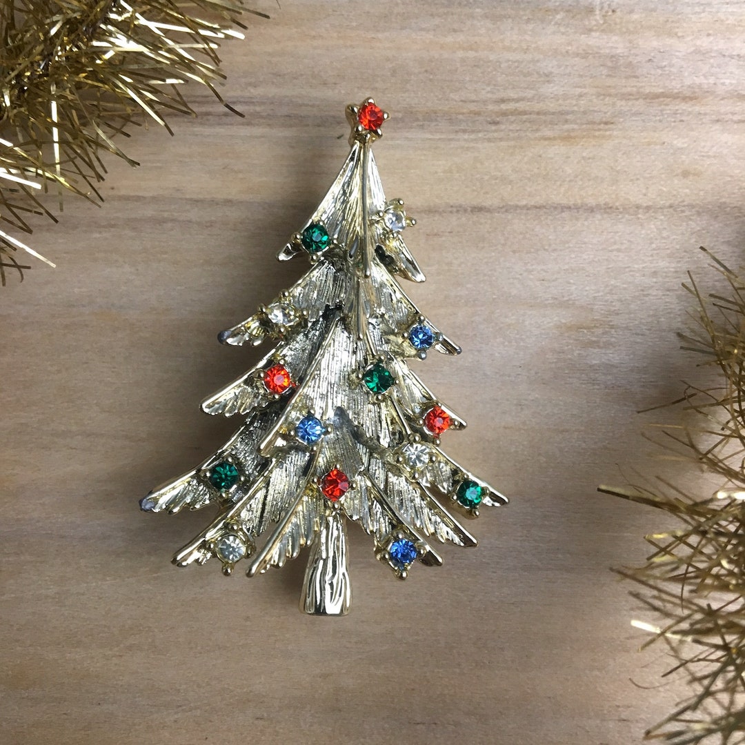 Jeweled Vintage Christmas Tree Pin - Vintage Holiday Accessory - Etsy