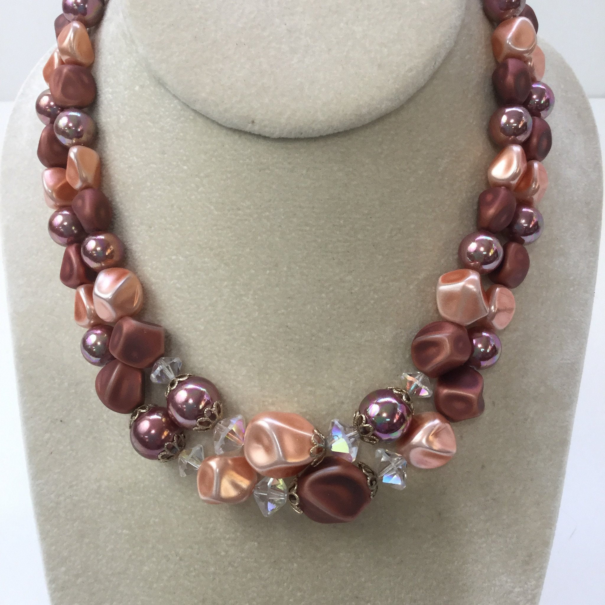 Cocoa, Peach and Crystal Double Strand Necklace - 1960s Vintage - Etsy