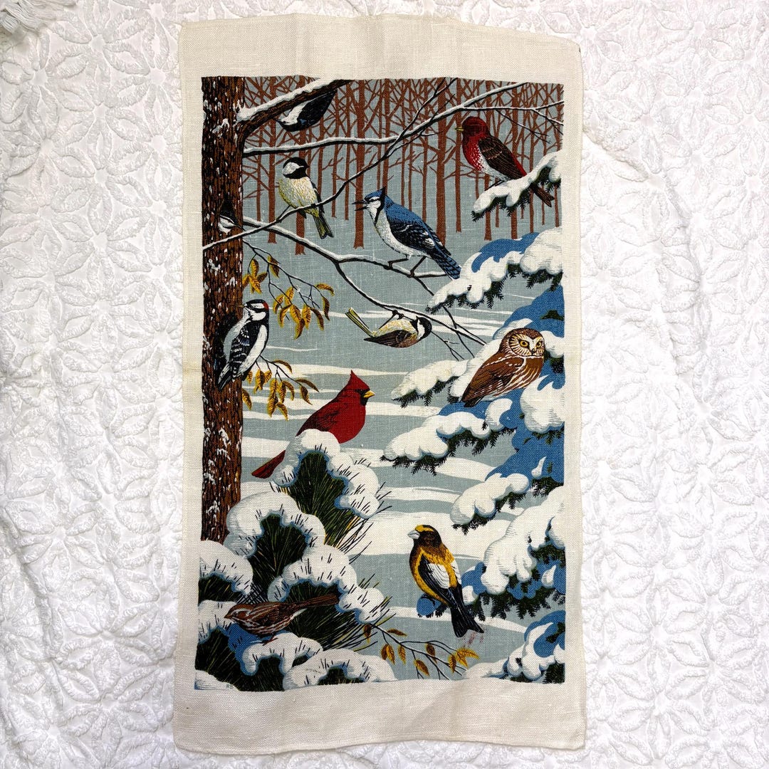 Vintage Kay Dee Linen Tea Towel – 1970s Winter Birds R. Batchelder ...