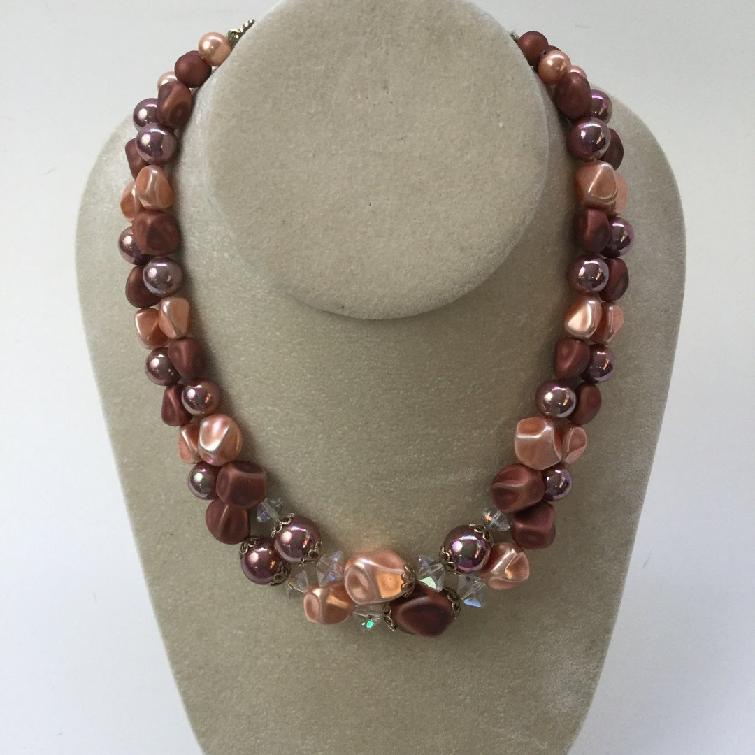 Cocoa, Peach and Crystal Double Strand Necklace - 1960s Vintage - Etsy