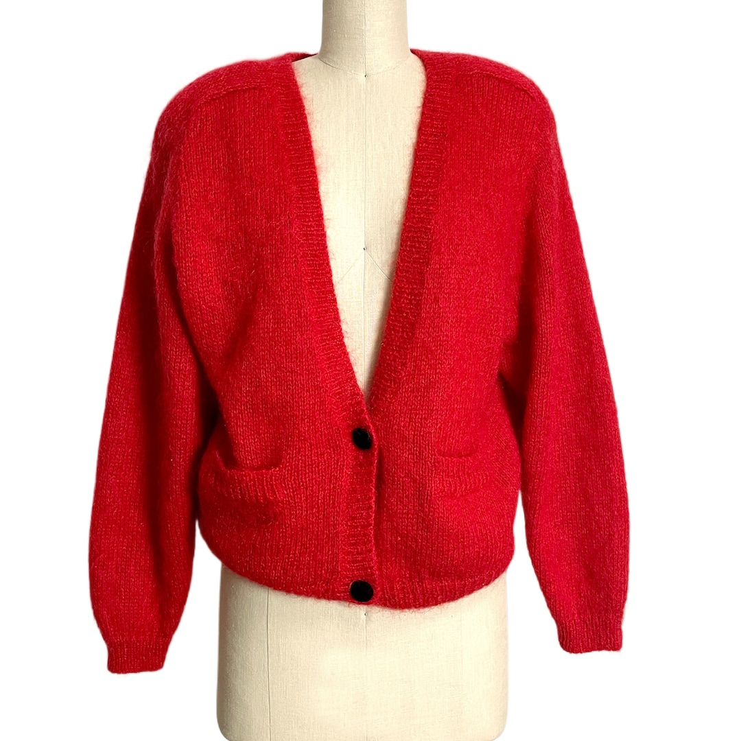 80s Fuzzy Red Mohair Cropped Cardigan Sweater Size Medium - Etsy