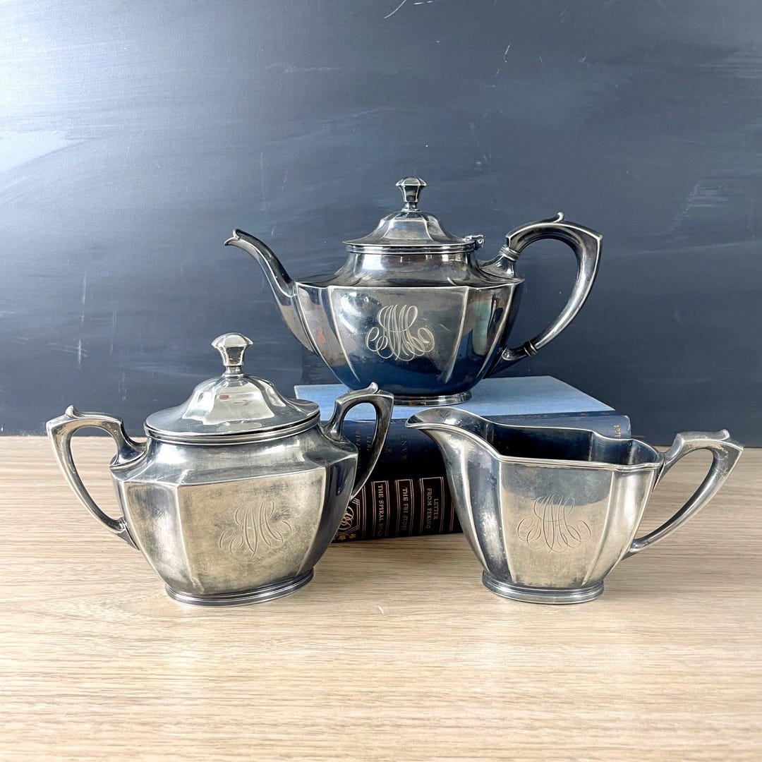 Wallace Bros. Silverplate M Monogram Silverplate Teapot, Cream and ...