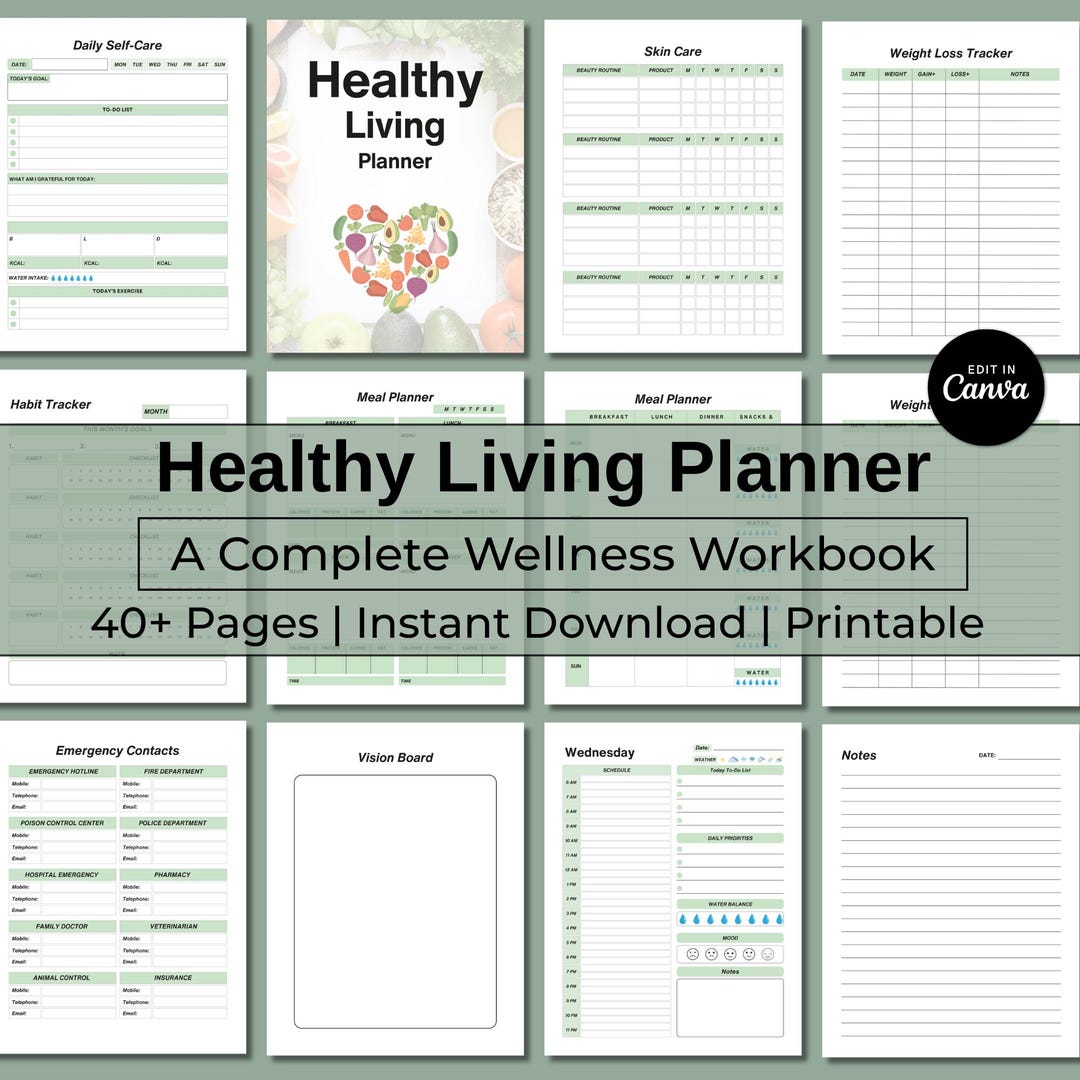 Printable Healthy Living Planner: Daily Wellness, Gratitude Journal (48 ...