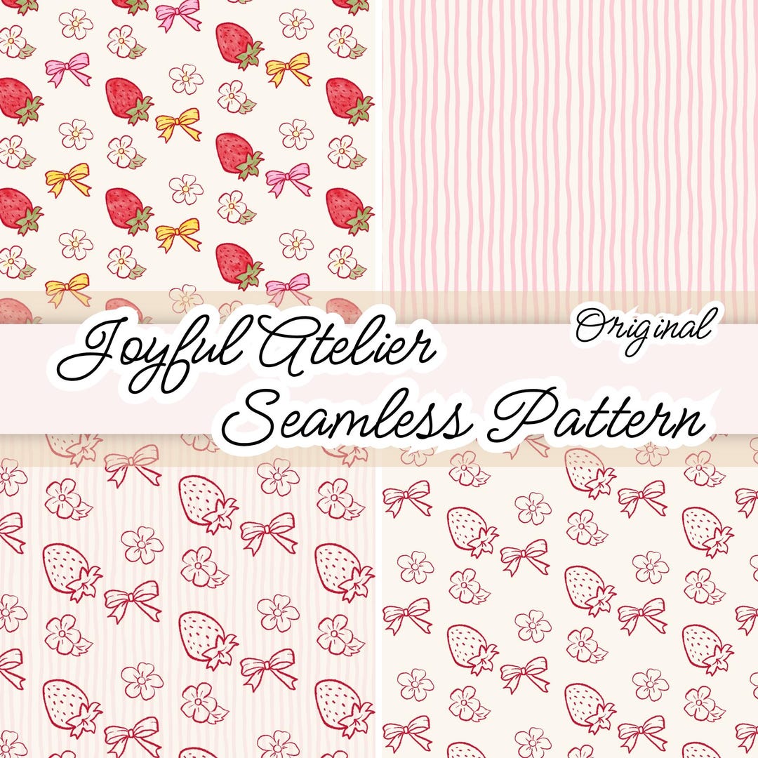 Coquette Strawberry Seamless Pattern Bundle, Cute Strawberry Bow Floral ...