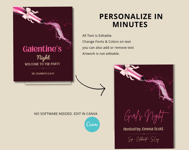 Galentine's Night Welcome Sign Template, Party Decor, Pink Champagne ...