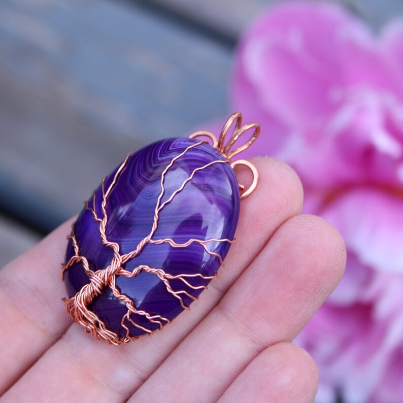 Purple Veins Agate Copper Wire-wrapped Tree of Life Pendant, Yggdrasil ...