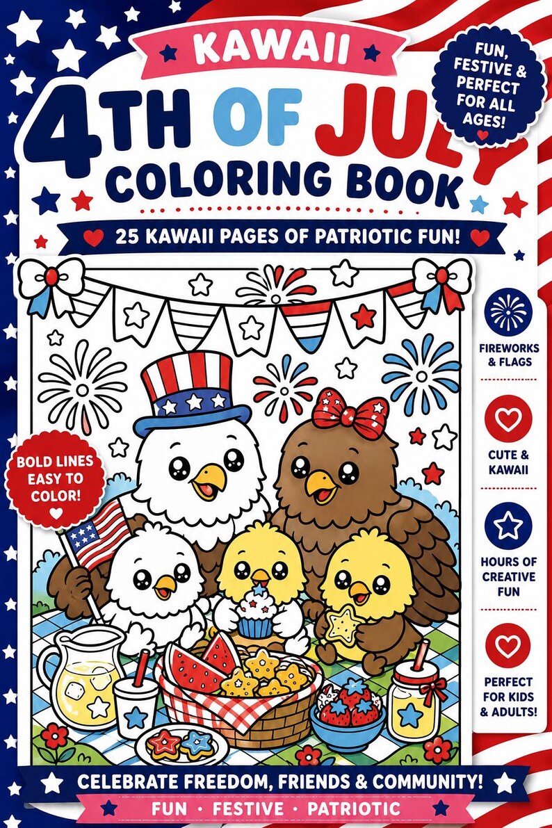 Kawaii 4th of July Coloring Book | Patriotic Animals, Kids Summer ...