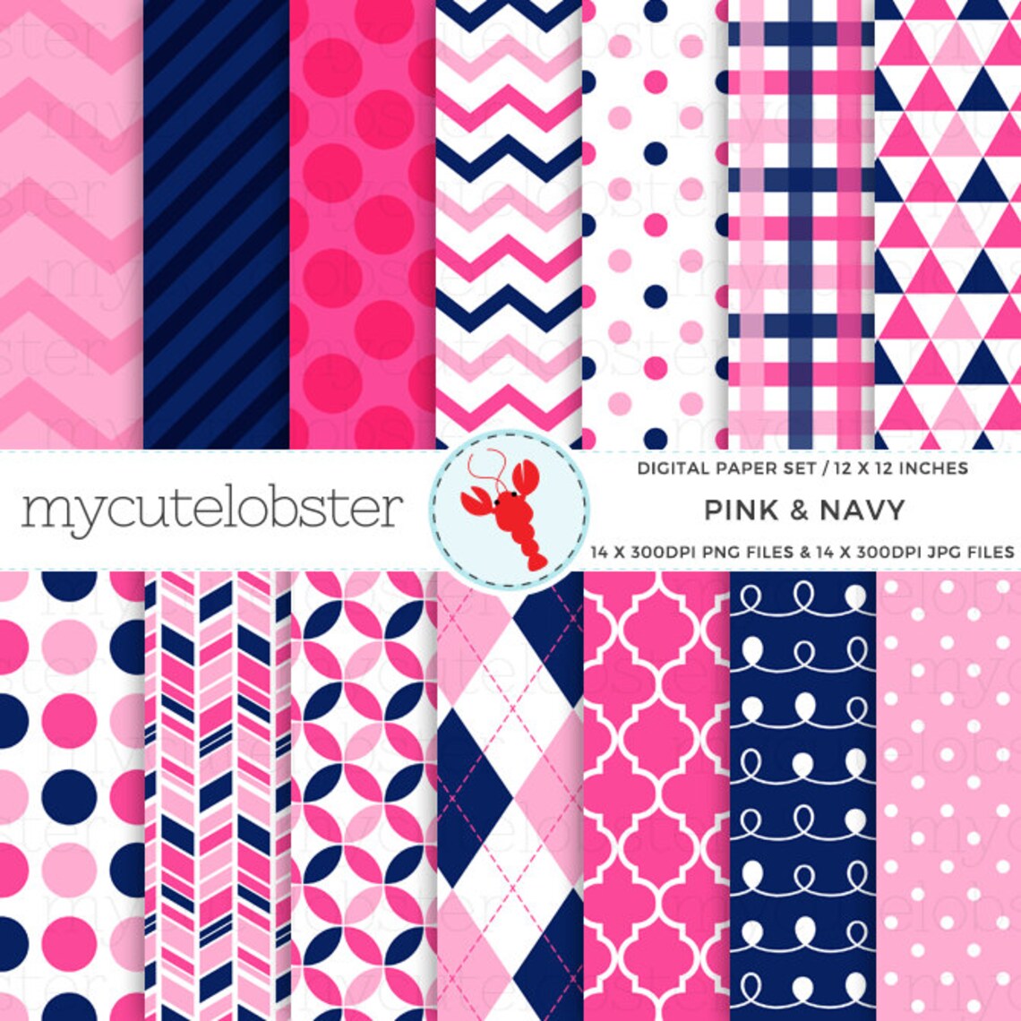 Pink & Navy Digital Paper Set Patterned Paper Polka - Etsy