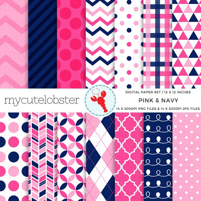 Pink & Navy Digital Paper Set patterned paper polka | Etsy