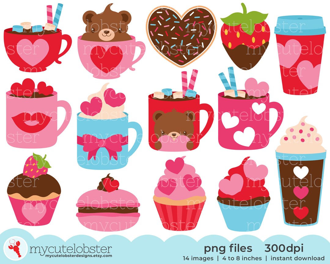 Valentine's Mugs & Treats Clipart Set of Valentine's Mugs, Cookies ...