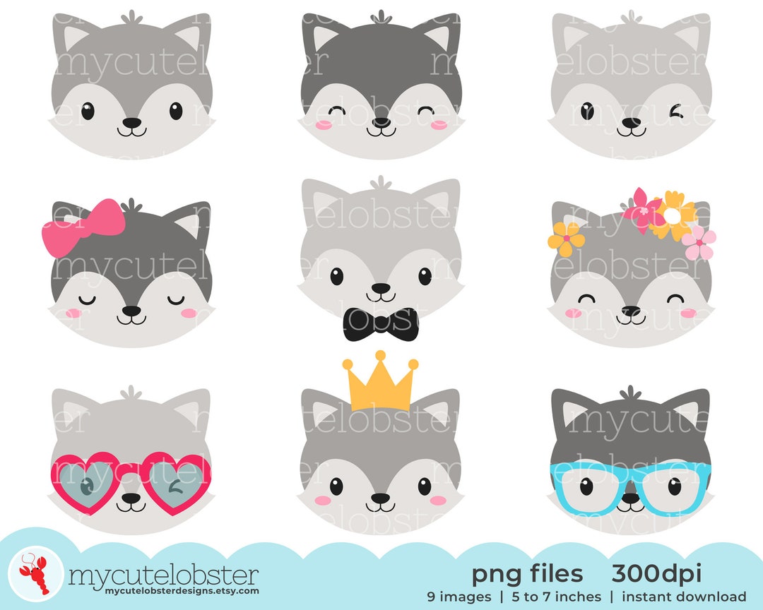 Gray Fox Faces Clipart Foxes Clipart Set Cute Foxes Gray - Etsy