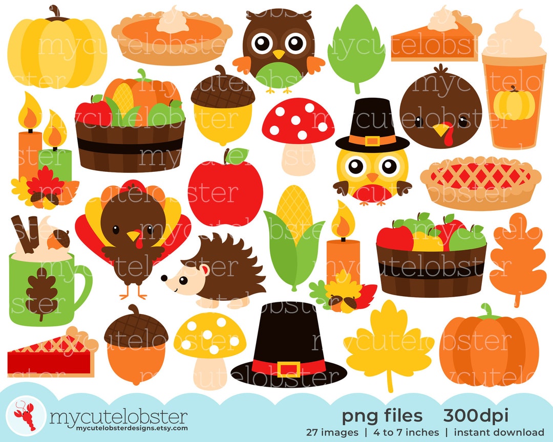 Happy Thanksgiving Clipart Cute Fall Clipart Set, Turkeys, Pumpkins ...