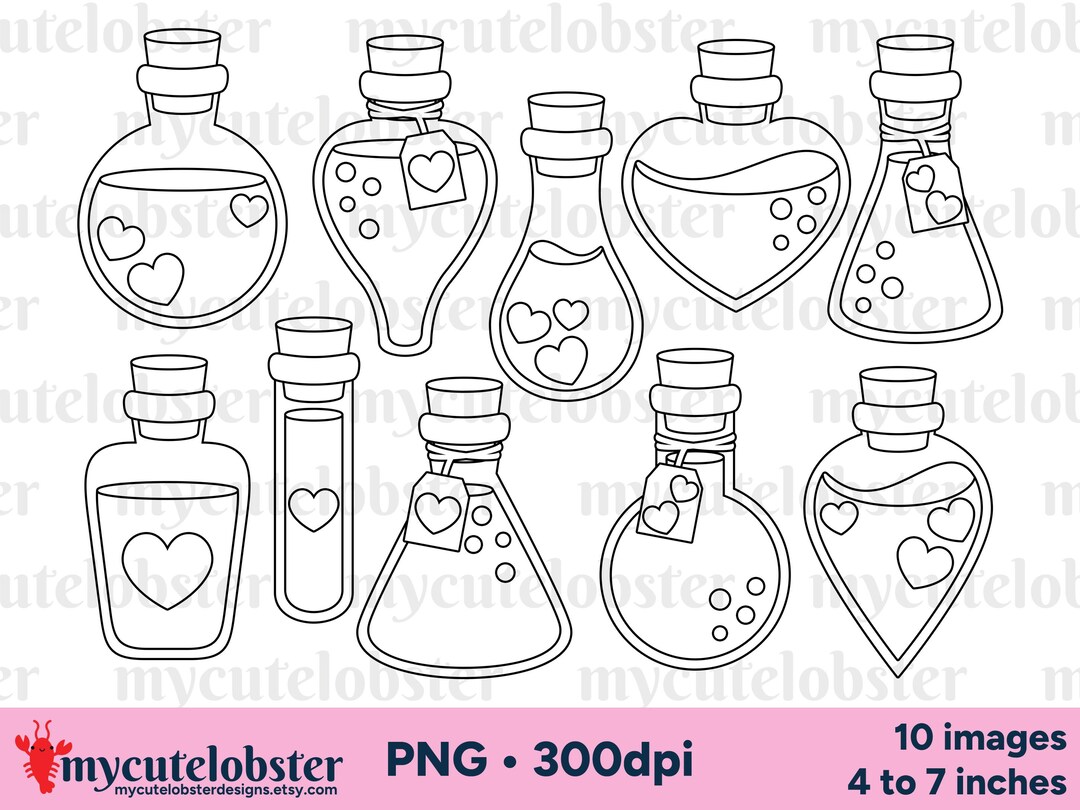 Valentine's Potions Digital Stamps - Potion Bottles Line Art, Digi ...