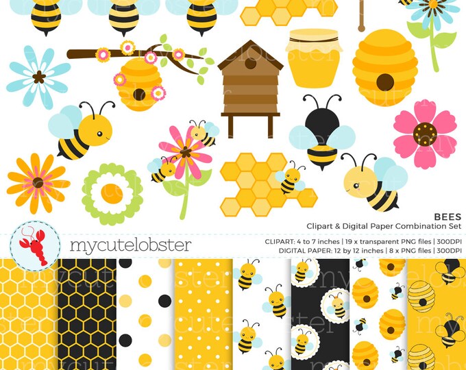 Bees Clipart & Digital Paper Set Clip Art Set of Bees - Etsy