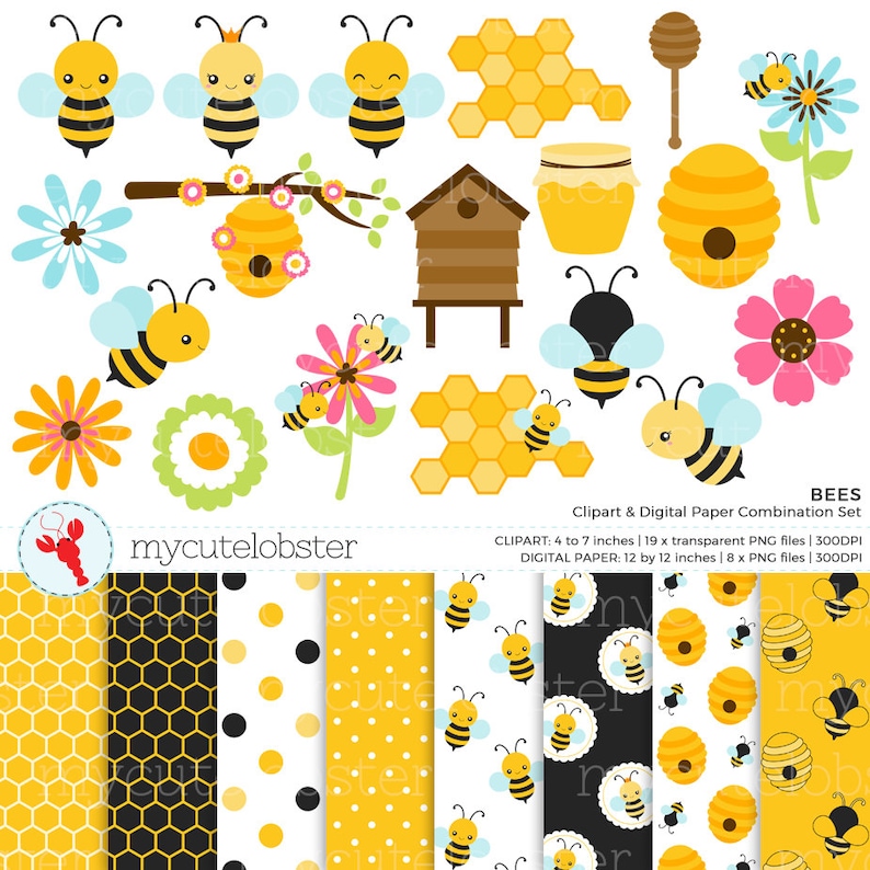 Bees Clipart & Digital Paper Set Clip Art Set of Bees - Etsy UK