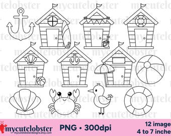 Beach Houses Digital Stamps, Beach Huts PNG Clipart Outlines for ...