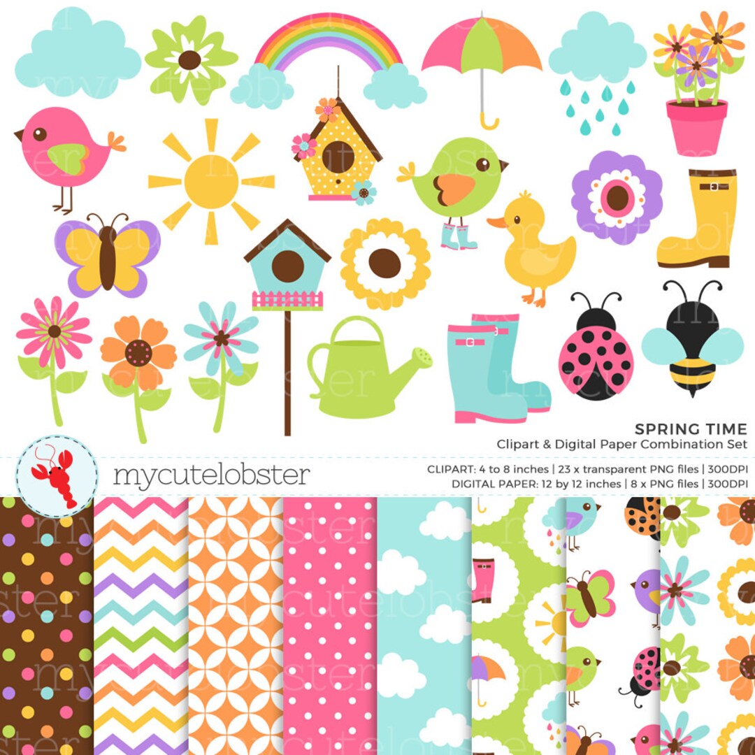 Spring Time Clipart & Digital Paper Set Clip Art Set of Birds, Flowers ...