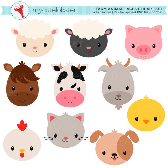 Farm Animal Faces Clipart Set animal faces farmyard farm | Etsy