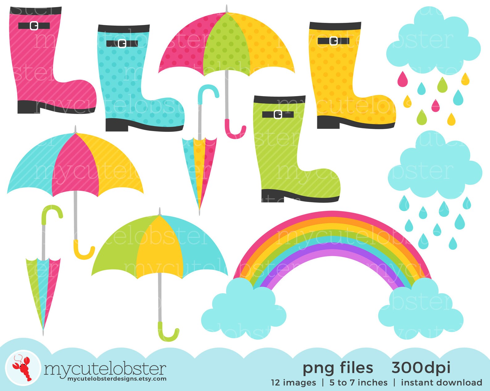 Rainy Day Clipart Set Clip Art Set of Umbrellas, Boots, Clouds, Rain ...