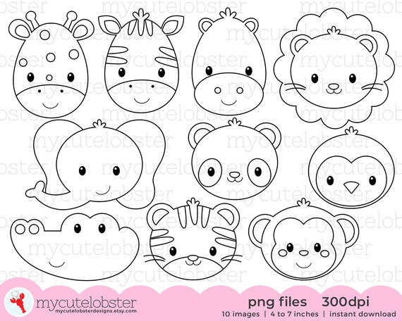 Wild Animal Faces Digital Stamps Line Art Outlines | Etsy