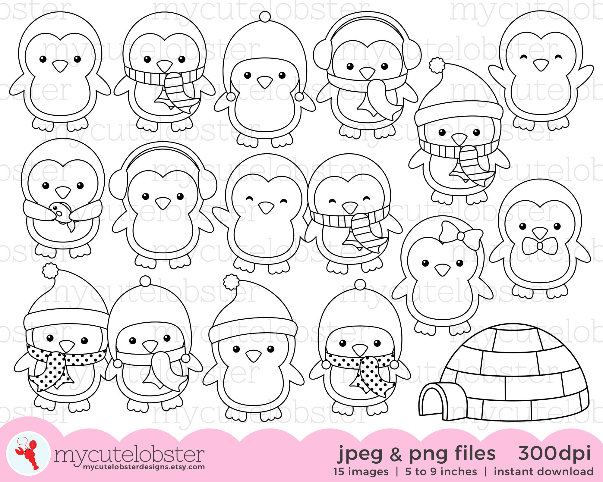 Cute Penguins Digital Stamps penguin outlines line art | Etsy