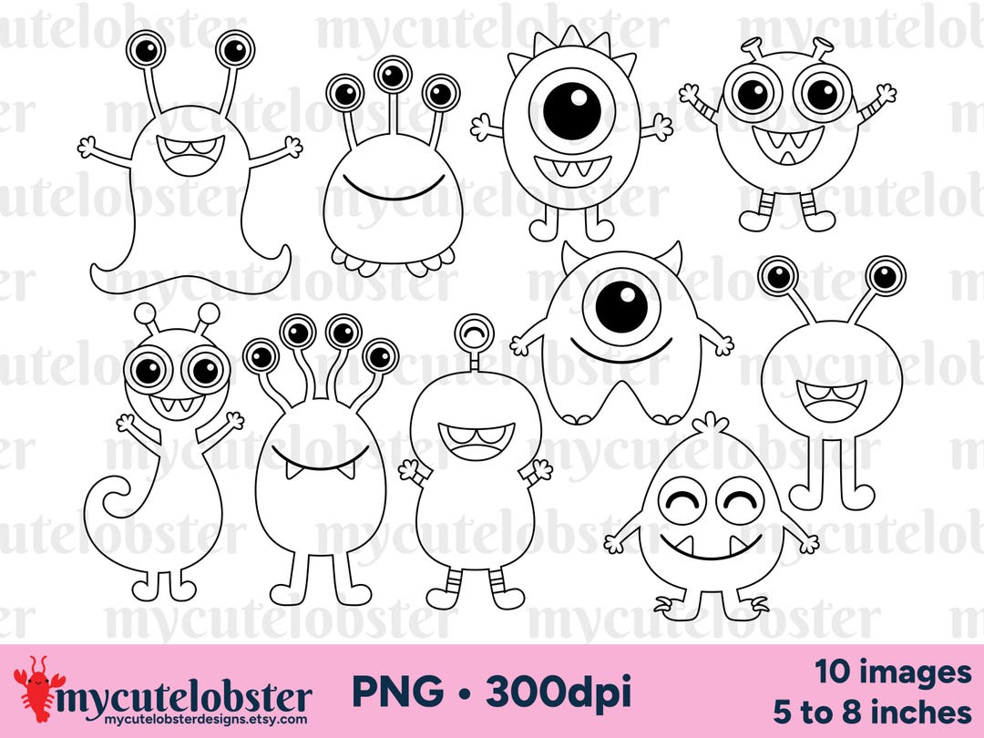 Monsters Digital Stamps - Cute Monsters Outlines, Line Art, Monster ...