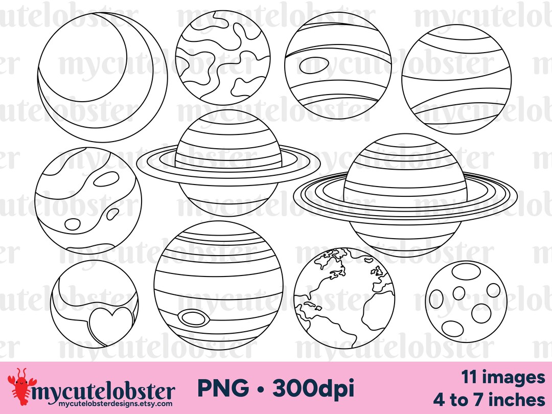 Solar System Digital Stamps - Planets Line Art, Digi Stamp Set, Earth ...