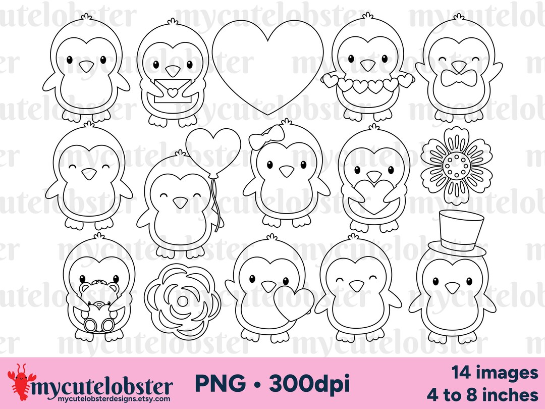 Valentine's Penguins Digital Stamps - Cute Penguins Digi Stamp Set ...