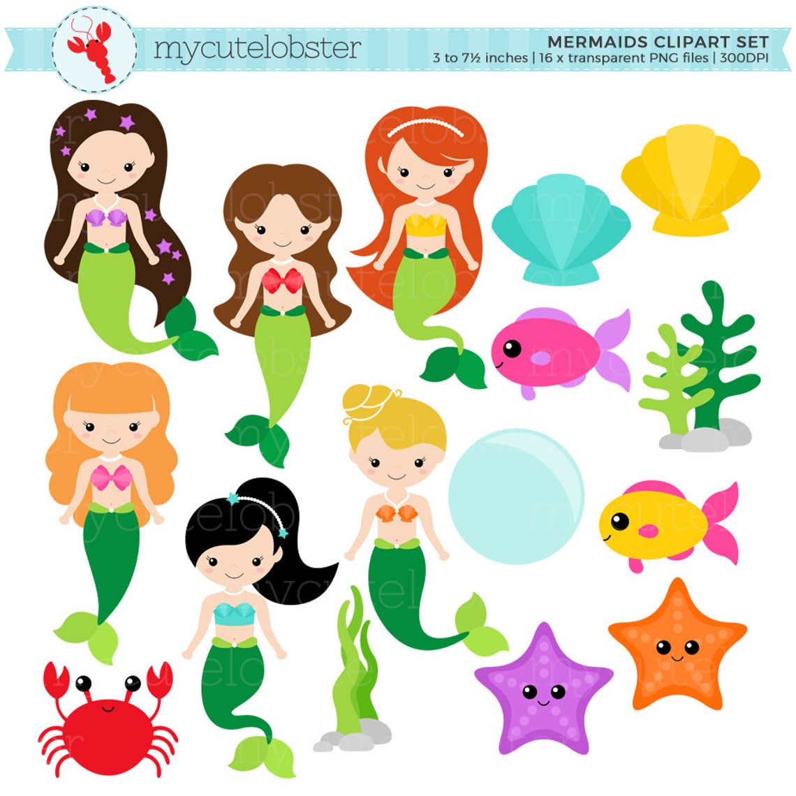 Mermaids Clipart Set Clip Art Set of Mermaids Sea - Etsy