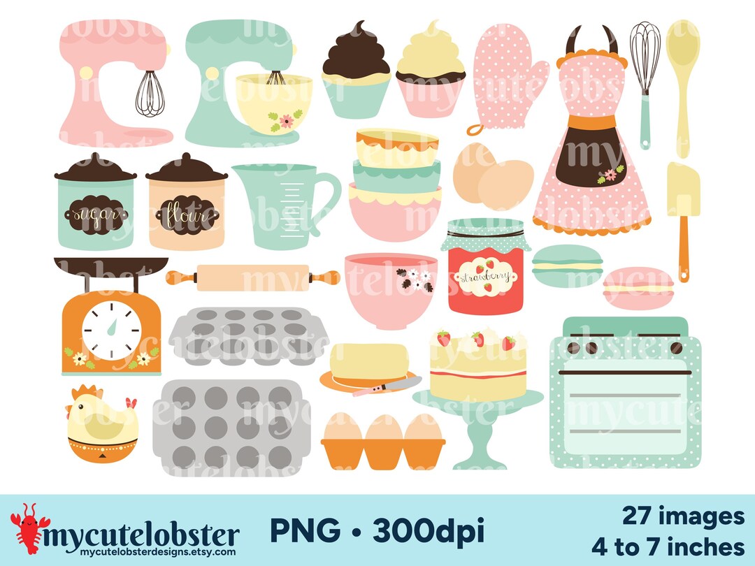 Retro Baking Clipart, Baking Clipart, Food Clipart, Baking PNG, Kitchen ...