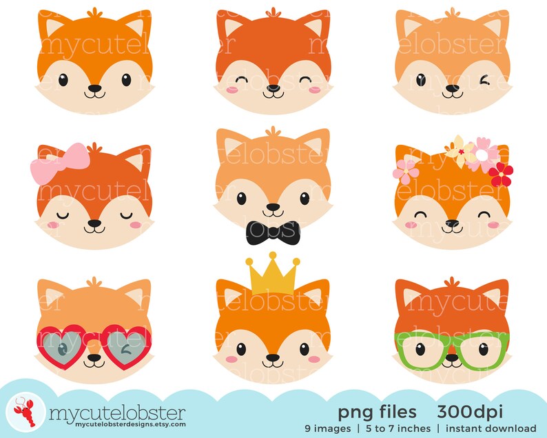 Fox Faces Clipart cute fox clipart set happy fox sleepy | Etsy