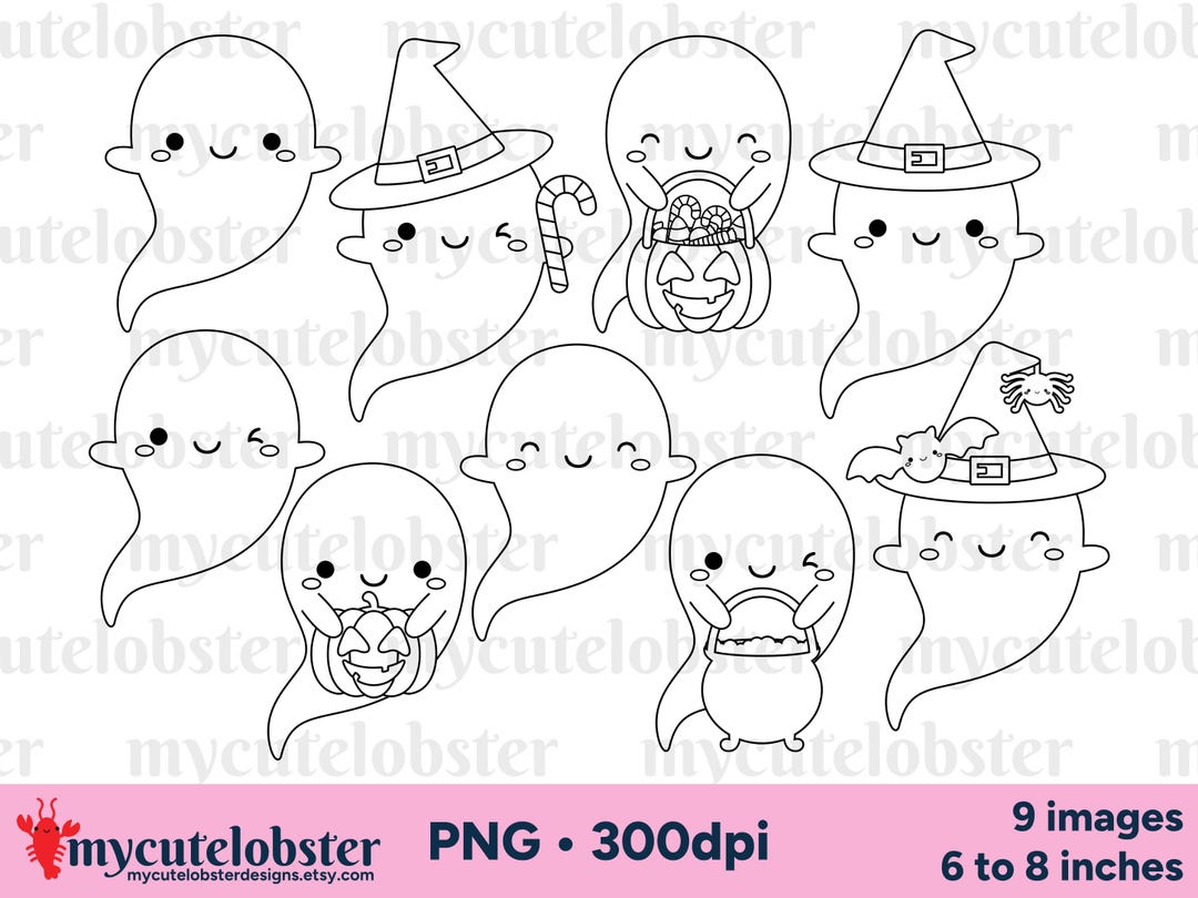 Halloween Ghosts Digital Stamps - Halloween Line Art, Cute Ghosts ...