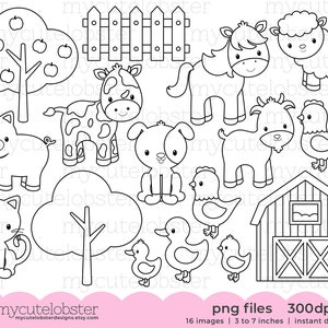 Farm Animals Digital Stamps Cute Animals Outlines, Line Art, Farm Digi ...