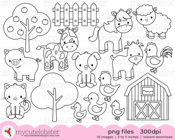 Farm Animals Digital Stamps Cute Animals Outlines Line Art | Etsy
