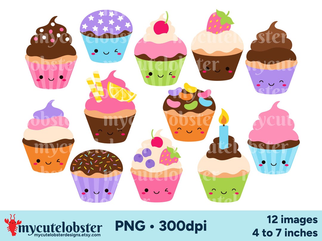 Cute Cupcakes Clipart, Happy Cupcakes Clipart, Cute Food Clipart, Food ...
