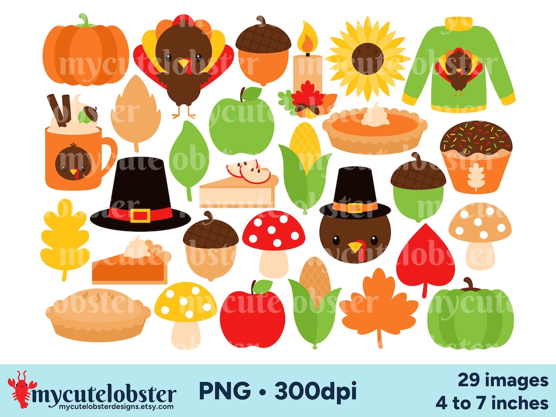 Thanksgiving Clipart - Cute Thanksgiving Clip Art Set, Turkey, Acorns ...
