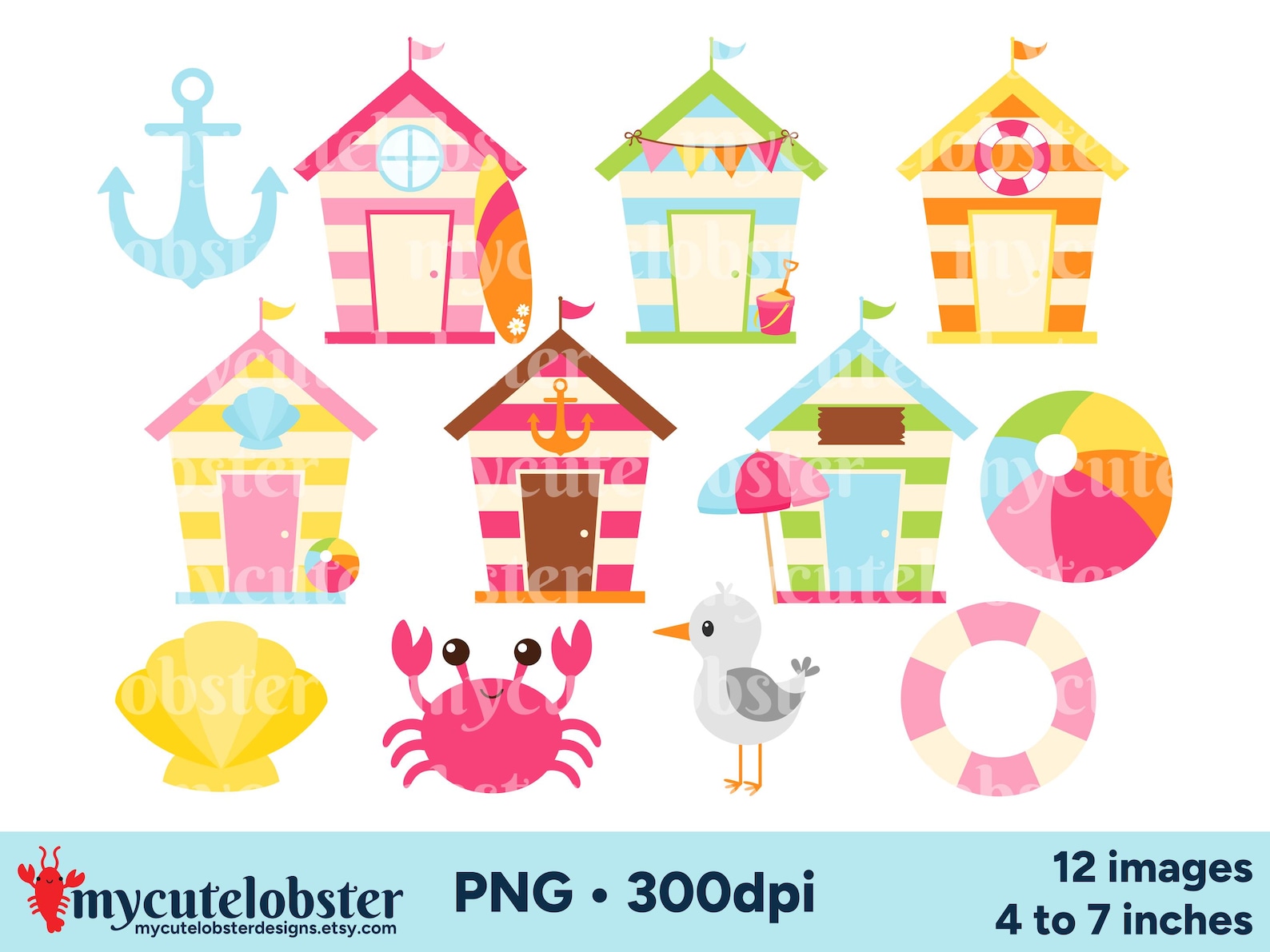 Beach Houses Clipart - Beach Huts Clip Art Set, Summer Clipart, Cute ...